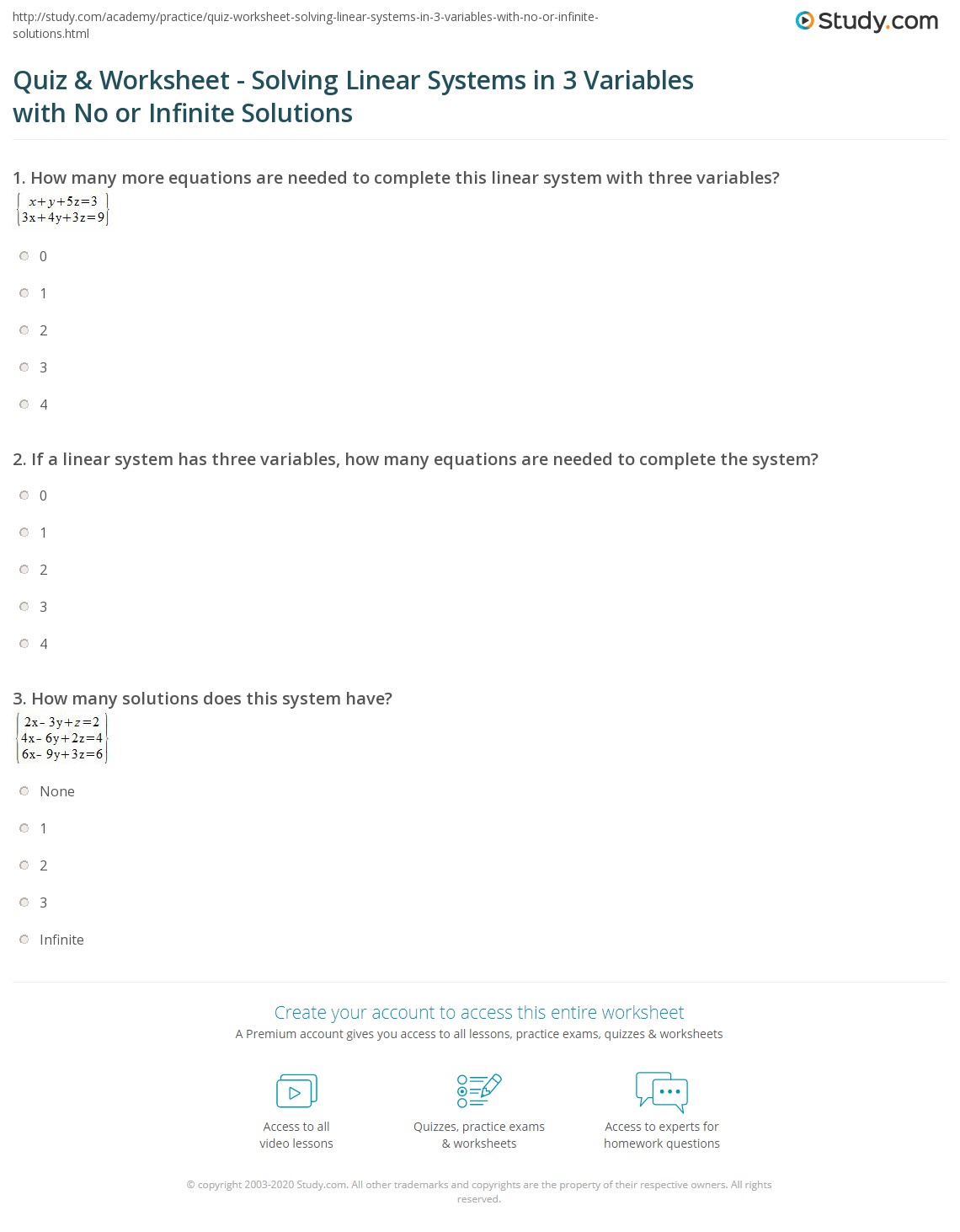 Quiz And Worksheet Solving Linear Systems In 3 Variables With No Worksheets Library