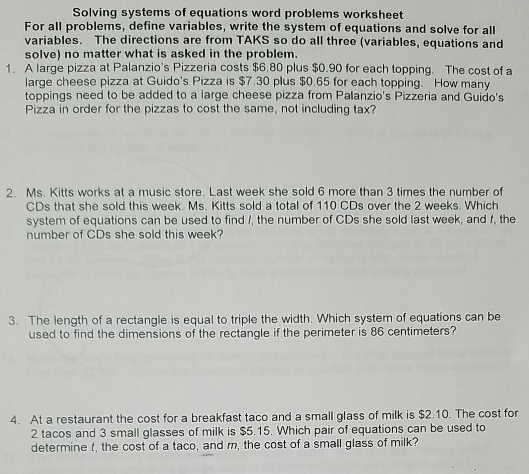 Solved Solving Systems Of Equations Word Problems Worksheet 0227