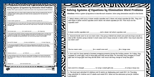 Eighth Grade Solving Systems Of Equations By Elimination Word Problems