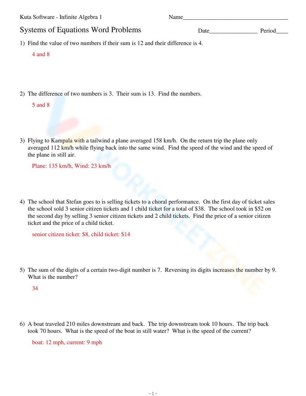 Kutasoftware Algebra 1 Systems Of Equations Word Problems Part 1