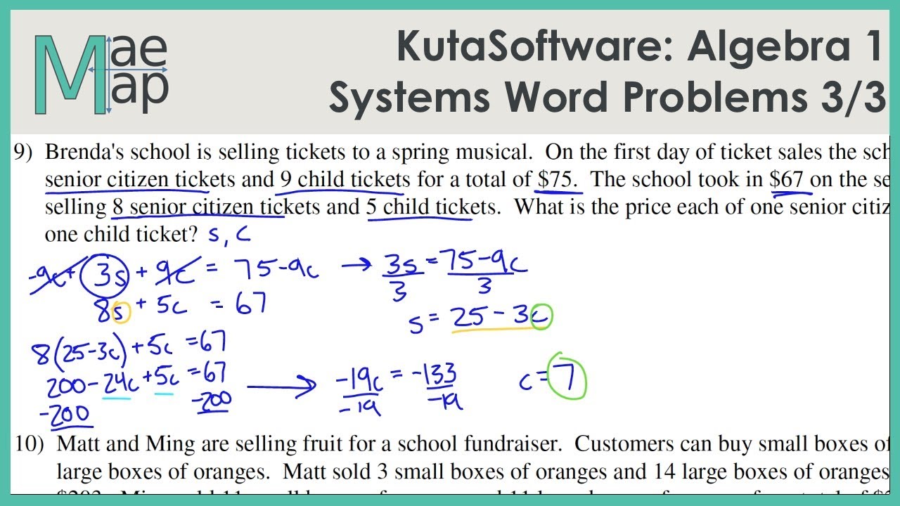 Kutasoftware Algebra 1 Systems Of Equations Word Problems Part 3