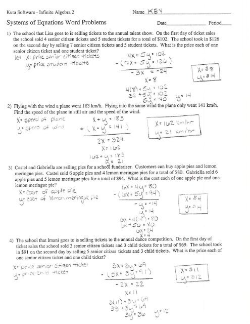 Systems Of Equations Word Problems Worksheet For 9th 11th Grade