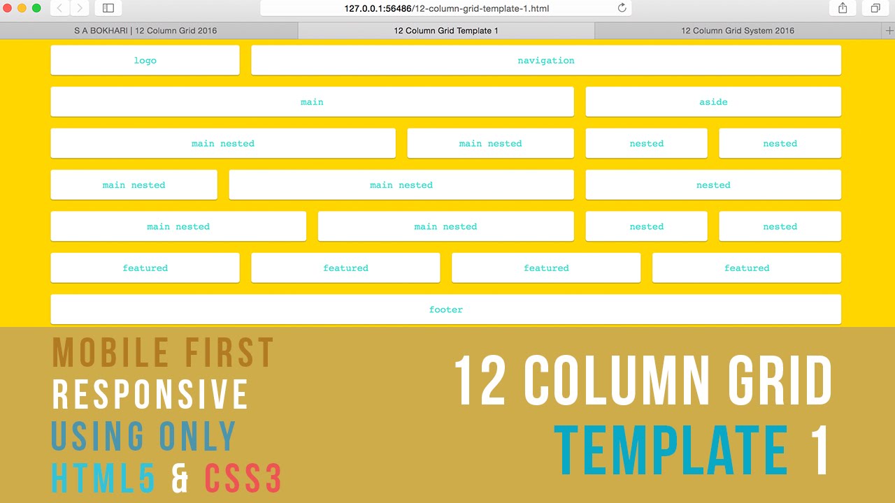 Mobile First Responsive 12 Column Grid Template 1 using only HTML5 and CSS3 - Worksheets Library