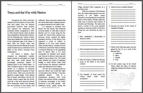 Texas and War with Mexico Reading with Questions | Student Handouts ...