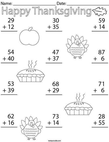 Thanksgiving Double Digit Addition Math Worksheet Twisty Noodle