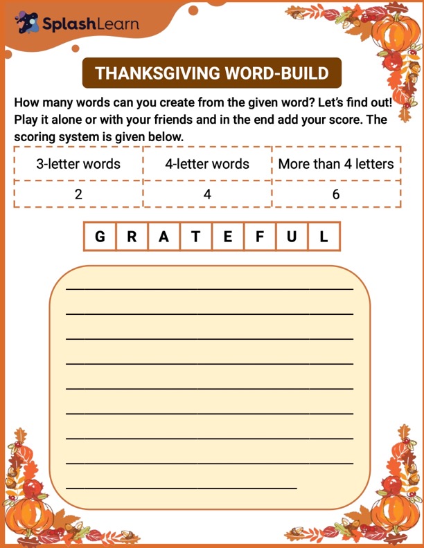 Thanksgiving Word-Build - ELA Worksheets - SplashLearn - Worksheets Library