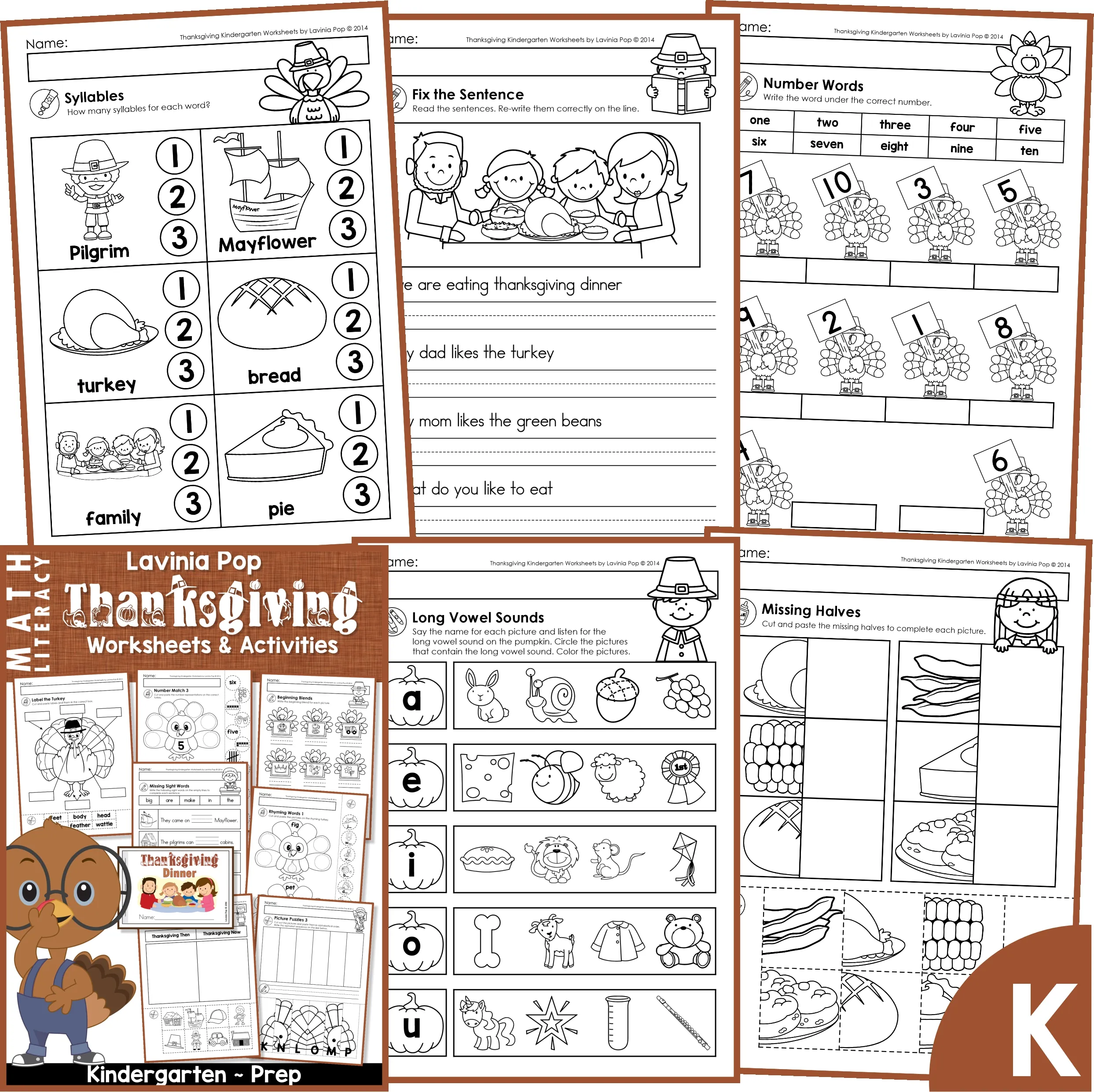 Thanksgiving No Prep Math & Literacy Worksheets for Kindergarten ...
