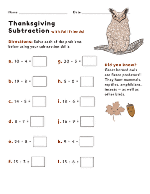 Free thanksgiving subtraction worksheet first grade, Download Free ...