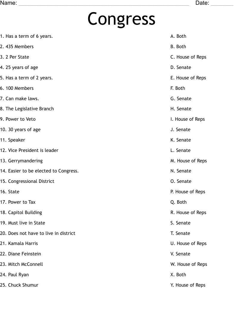 Congress Worksheet - WordMint - Worksheets Library