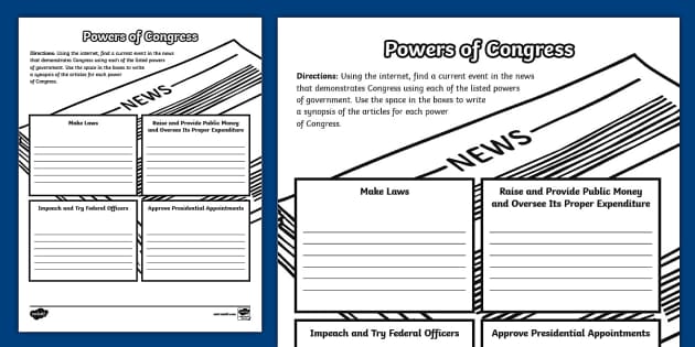 Eighth Grade Powers of Congress Current Events Research Activity ...
