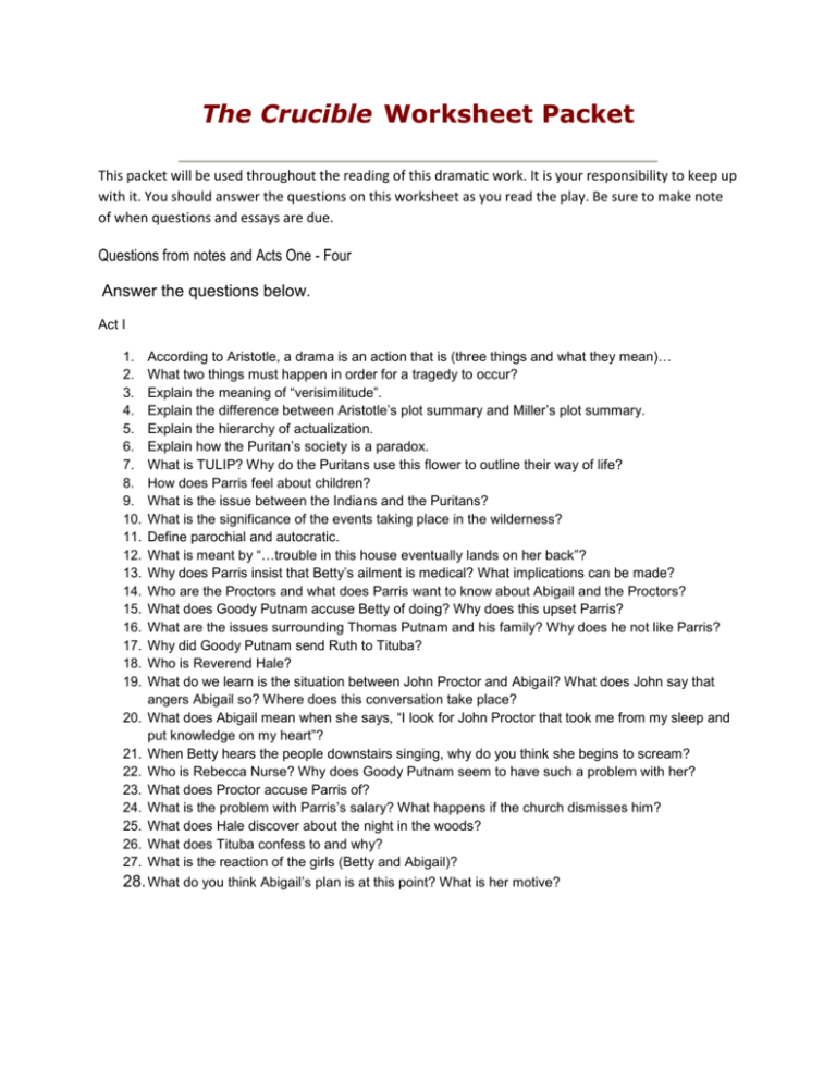 The Crucible Worksheet Packet - Worksheets Library