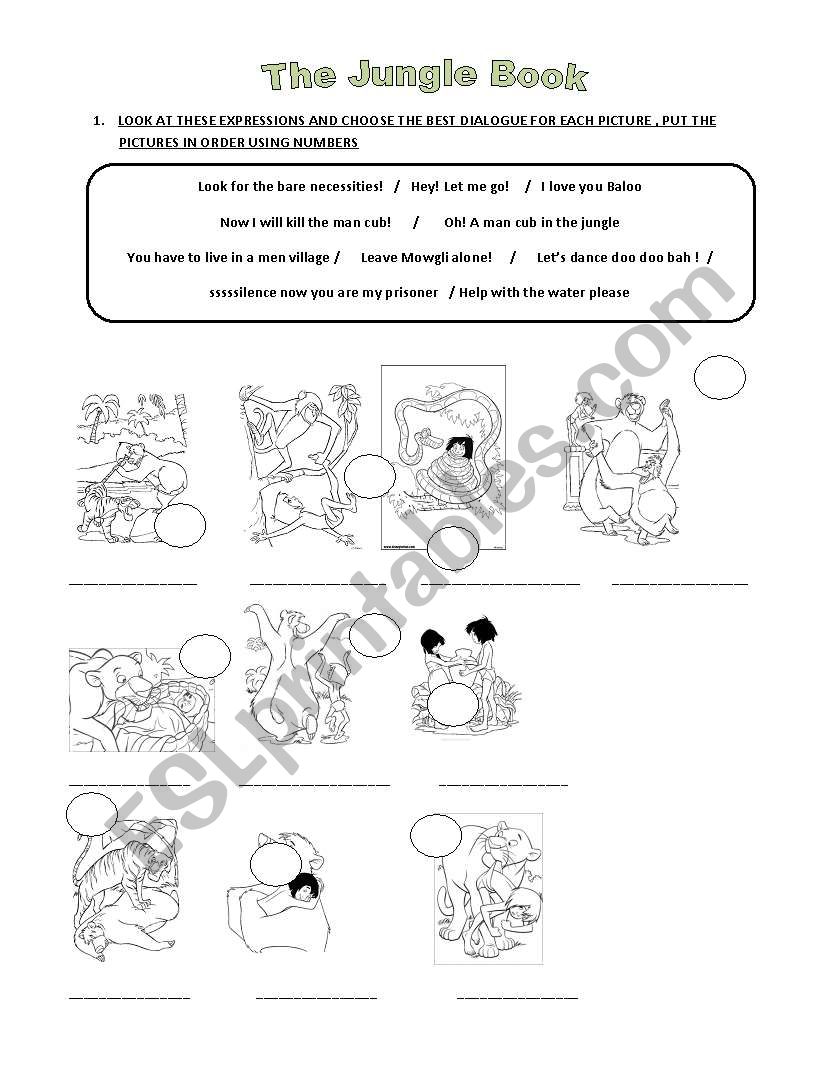 English worksheets: Jungle Book match the dialogues with the pictures ...