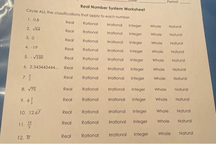 Solved Period: Real Number System Worksheet Circle ALL the | Chegg.com - Worksheets Library