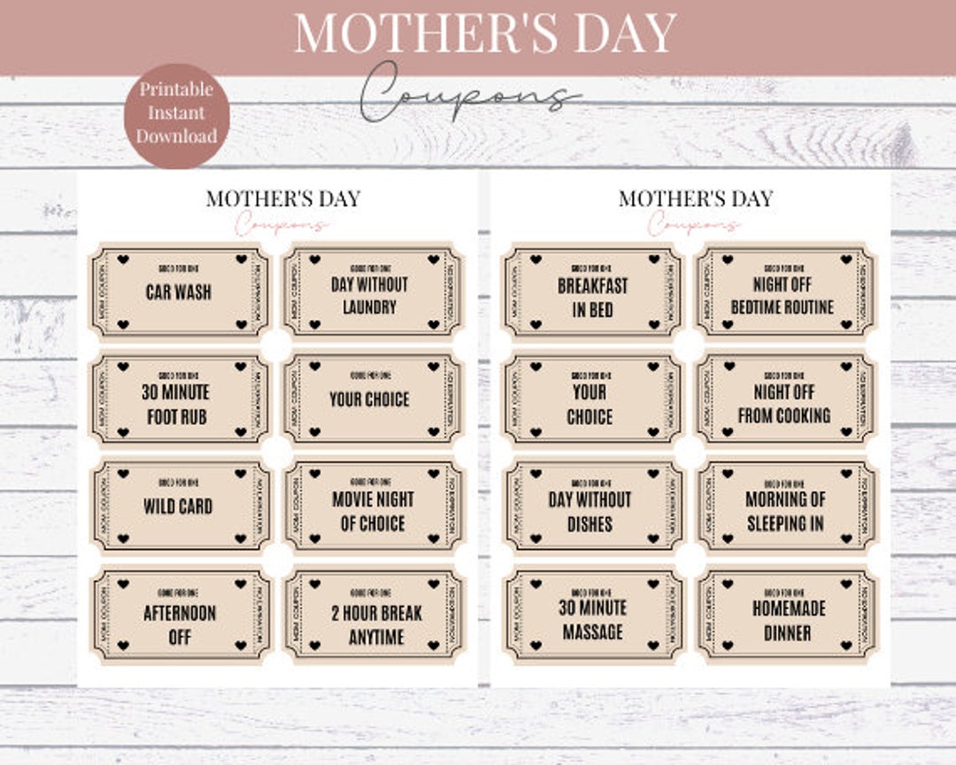 Mothers Day Coupons Mom Gift Printable Vouchers Instant Download ...