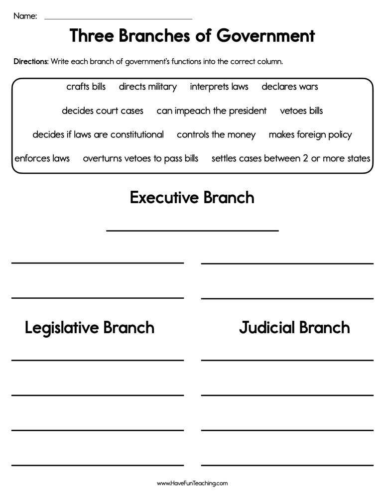 Three Branches Of Government Worksheet PDF Engaging Activities For