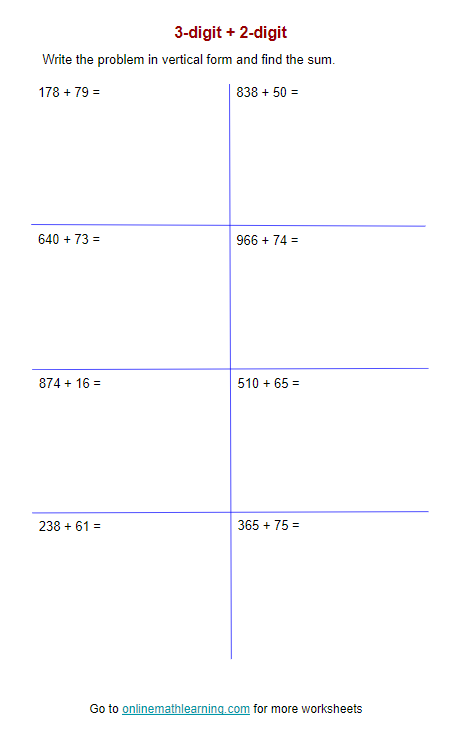 Add 3-digit and 2-digit Numbers Worksheets (Second Grade, printable ...