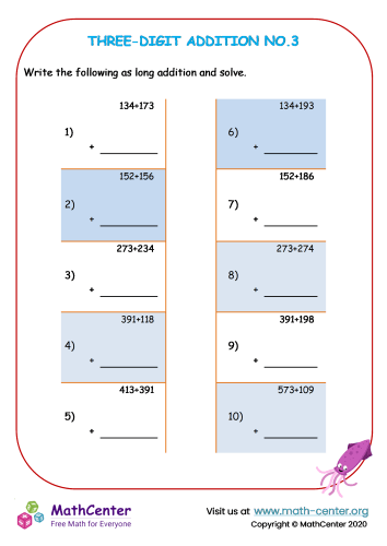3 digit addition - Worksheet No.3 | Worksheets | Math Center ...