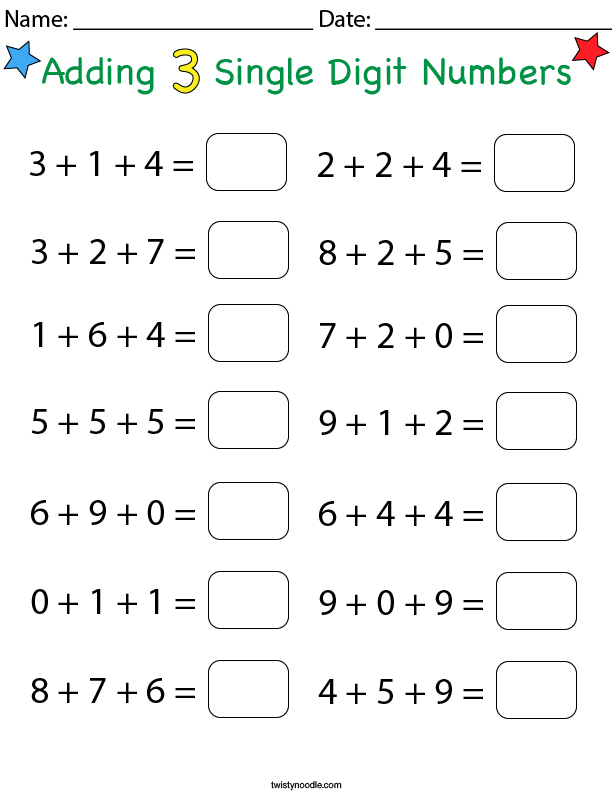 Adding 3 Single Digit Numbers Math Worksheet - Twisty Noodle ...