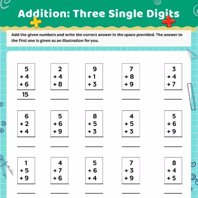 Addition Worksheet: Three Single Digits Vertical | MomJunction - Worksheets Library