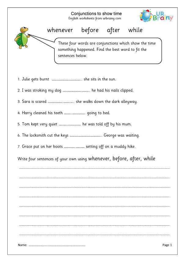 Conjunctions to show time - Word Classes by URBrainy.com - Worksheets ...