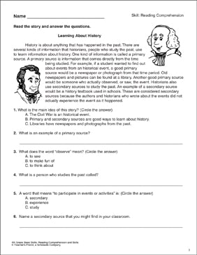 History: Reading Comprehension Passage With Questions | Printable ...