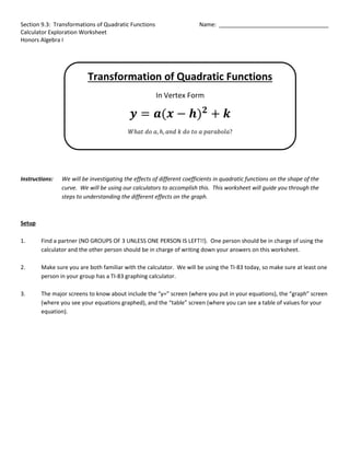 Transformations of Quadratic Functions in Vertex Form | Name That Function | Matching Activity ...