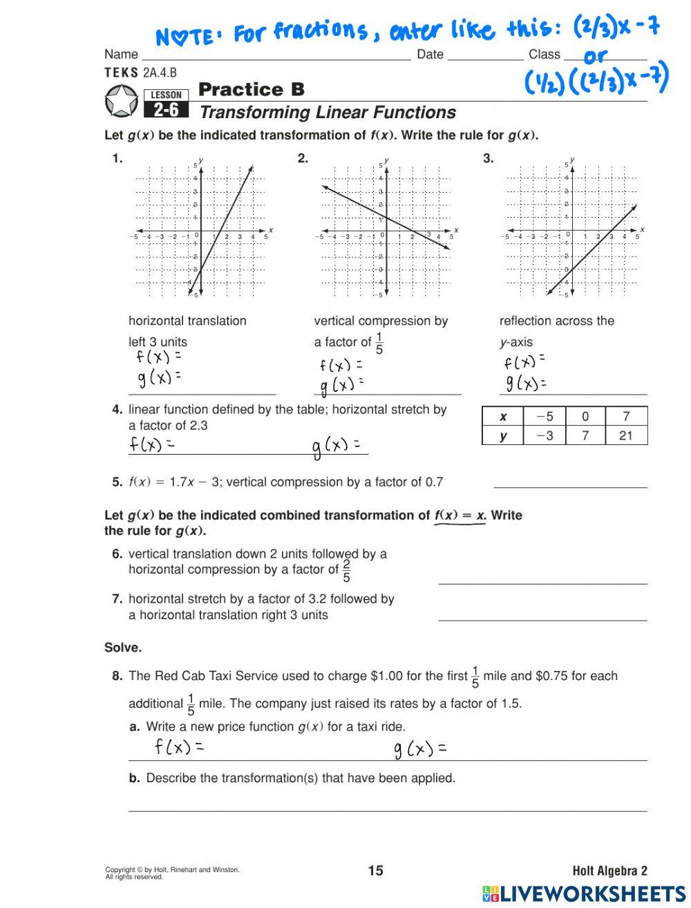 Lesson 2 6 Transformations Of Linear Functions Worksheet Online