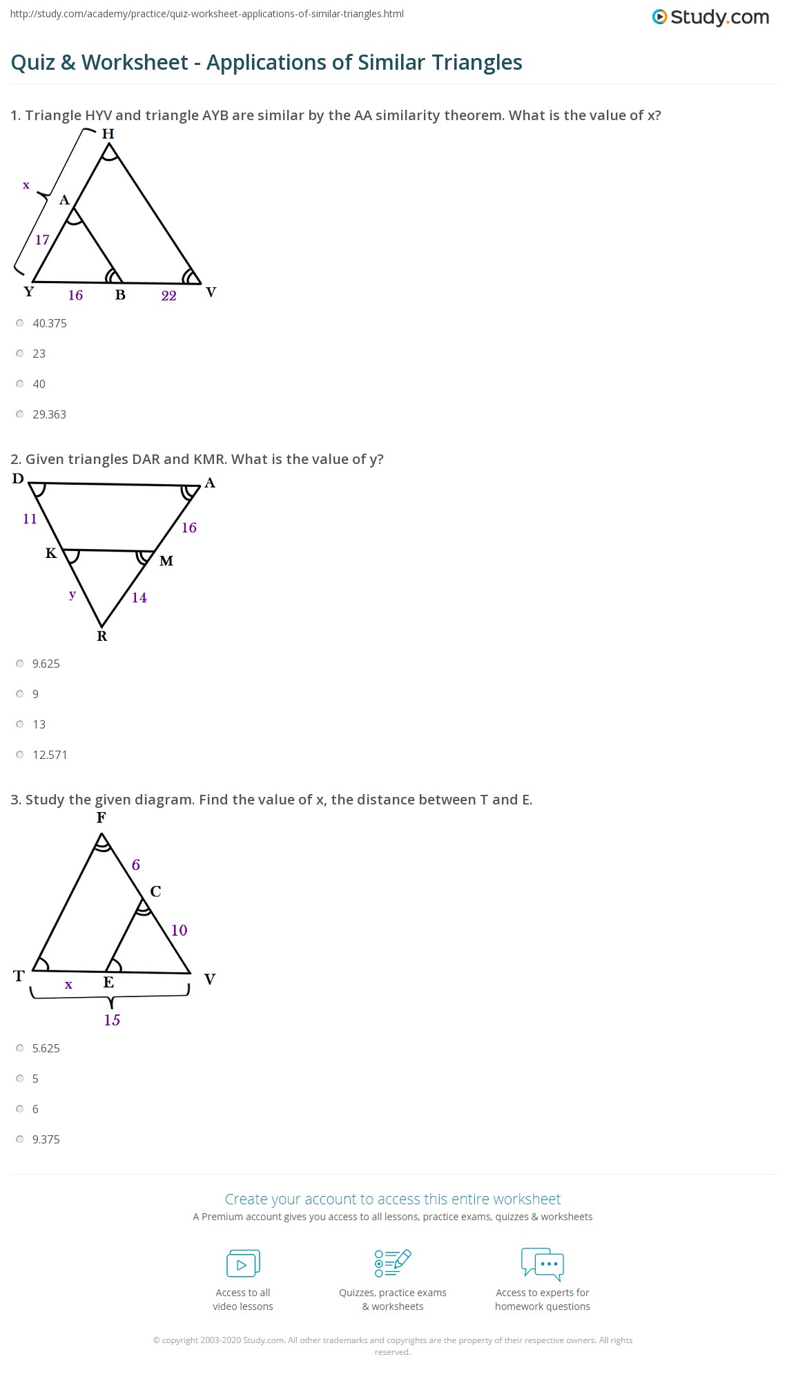 Quiz And Worksheet Applications Of Similar Triangles Worksheets Library
