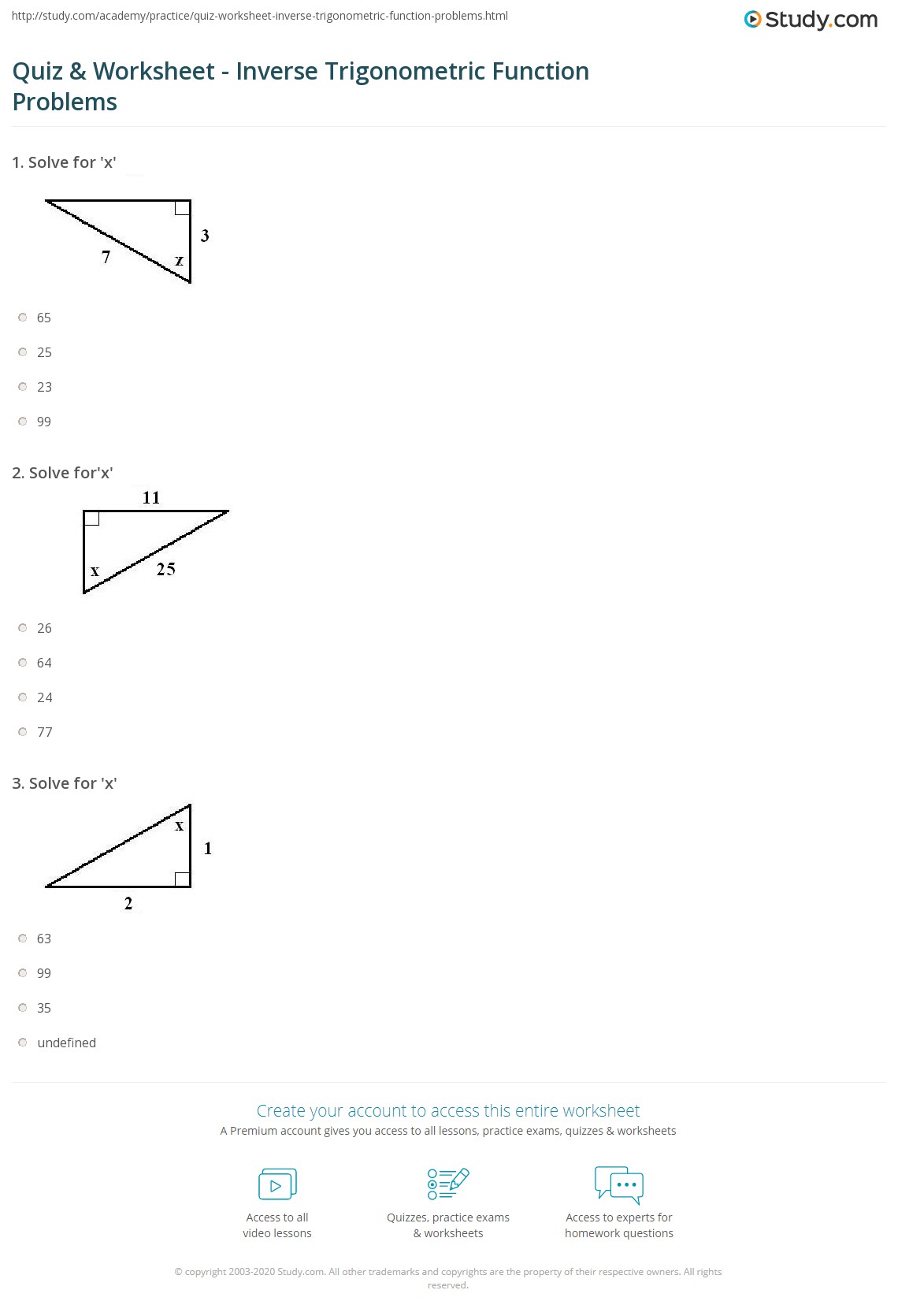 Quiz And Worksheet Inverse Trigonometric Function Problems