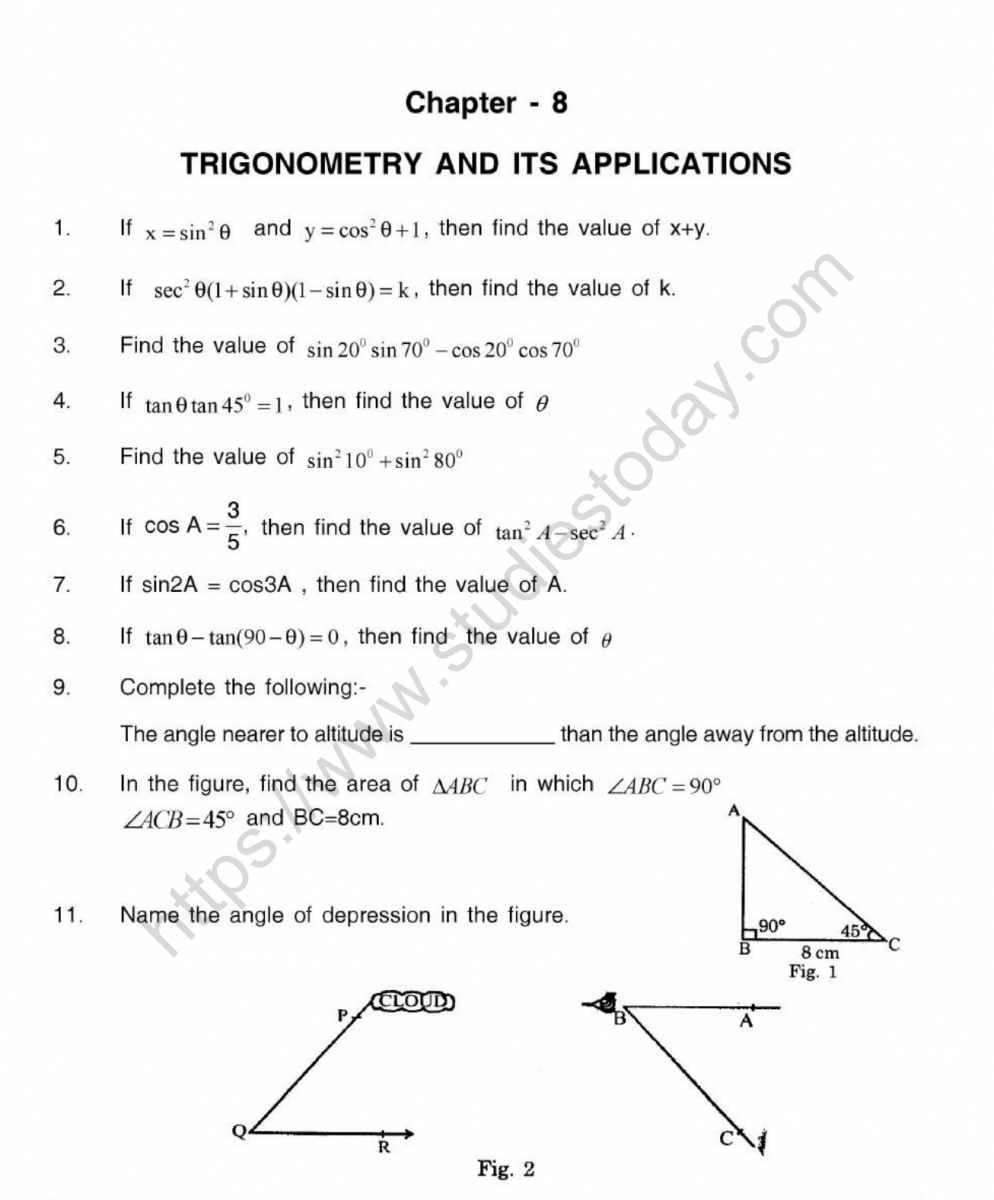 CBSE Class 10 Mental Maths Trigonometry And Its Applications Worksheet - Worksheets Library