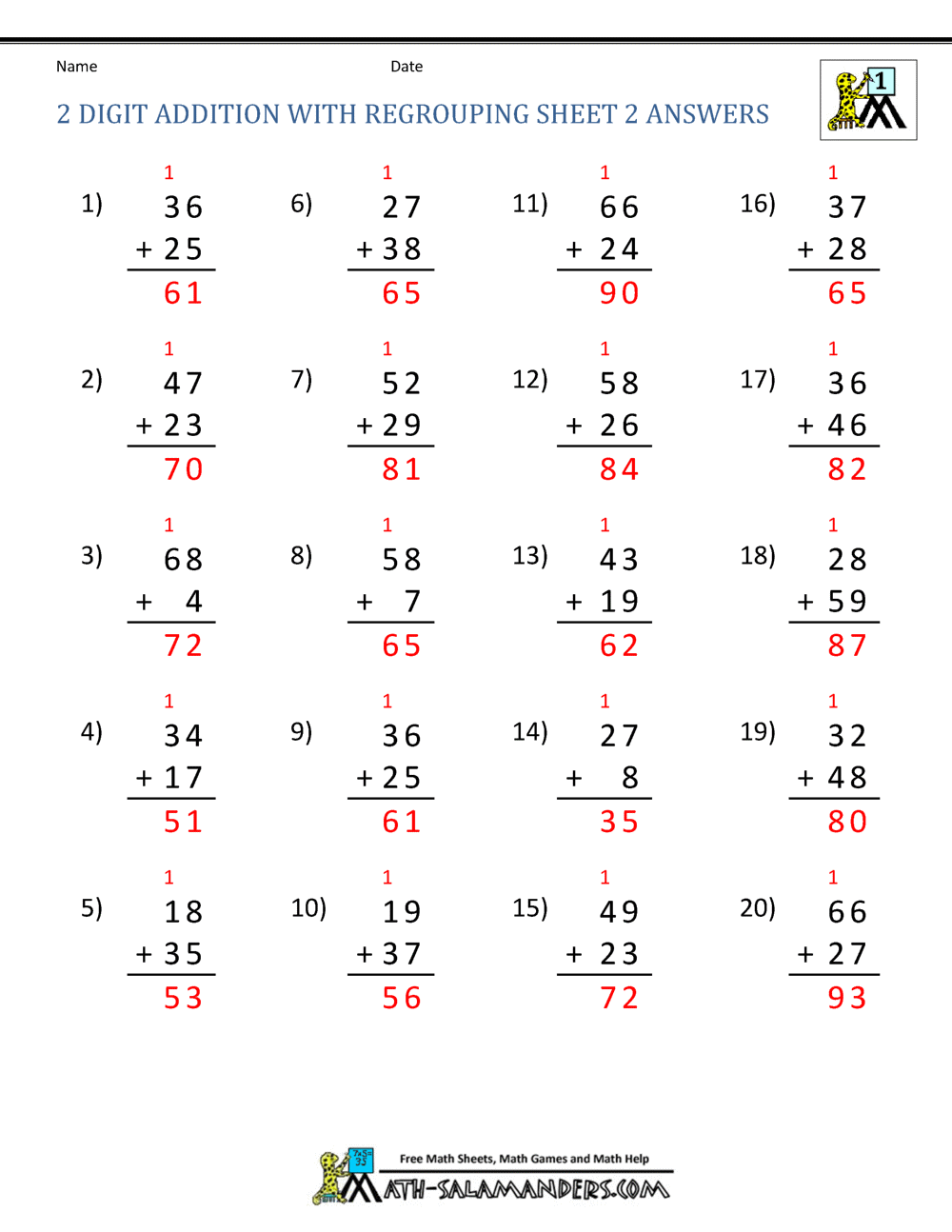 2-digit plus 1-digit Addition Worksheets (First Grade, Second ...
