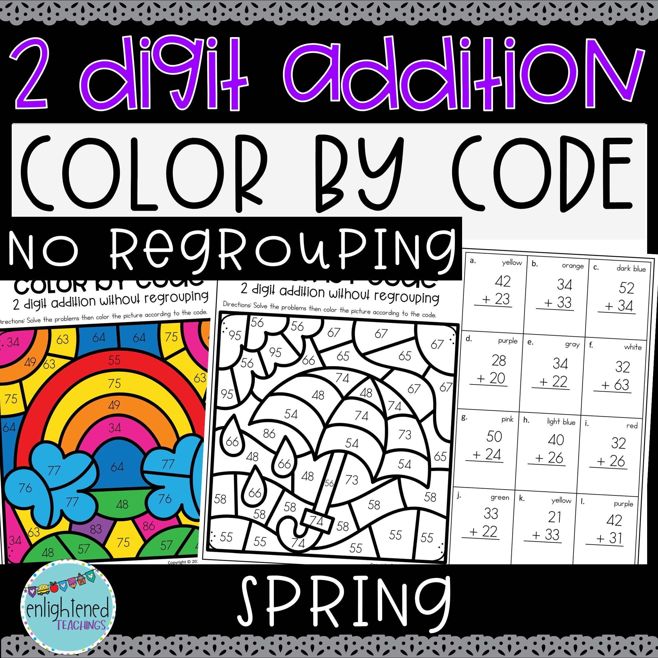 Spring 2 Digit Addition without Regrouping Worksheet Color by Code ...