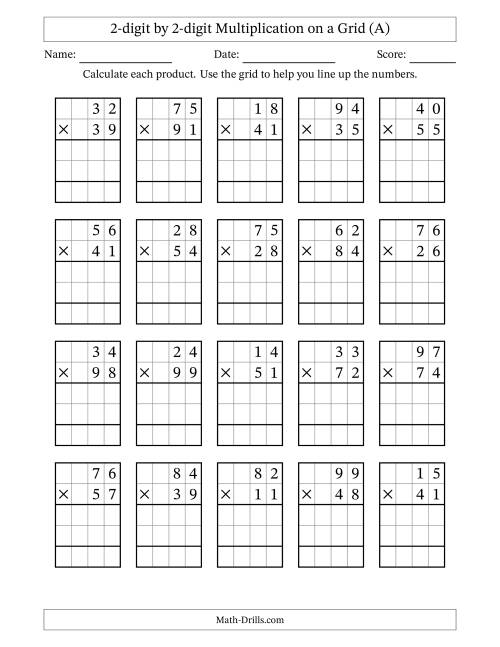 2-digit by 2-digit Multiplication with Grid Support (A) - Worksheets ...