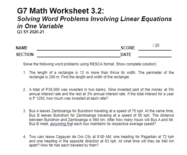 Solved G7 Math Worksheet 3.2: Solving Word Problems | Chegg.com - Worksheets Library