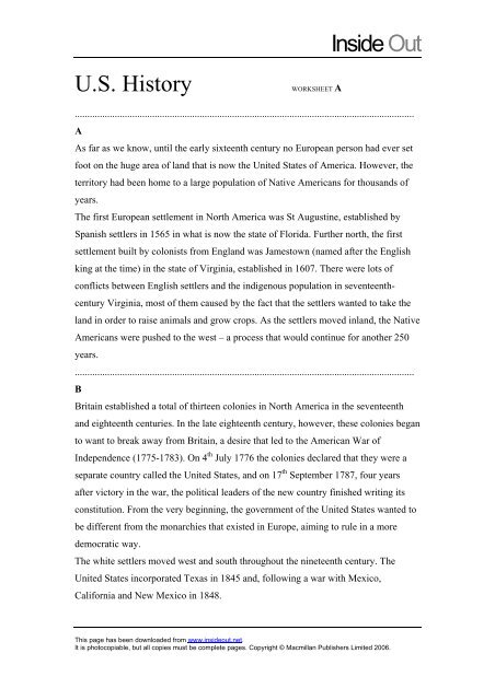 United States history WORKSHEET A - Inside Out - Worksheets Library