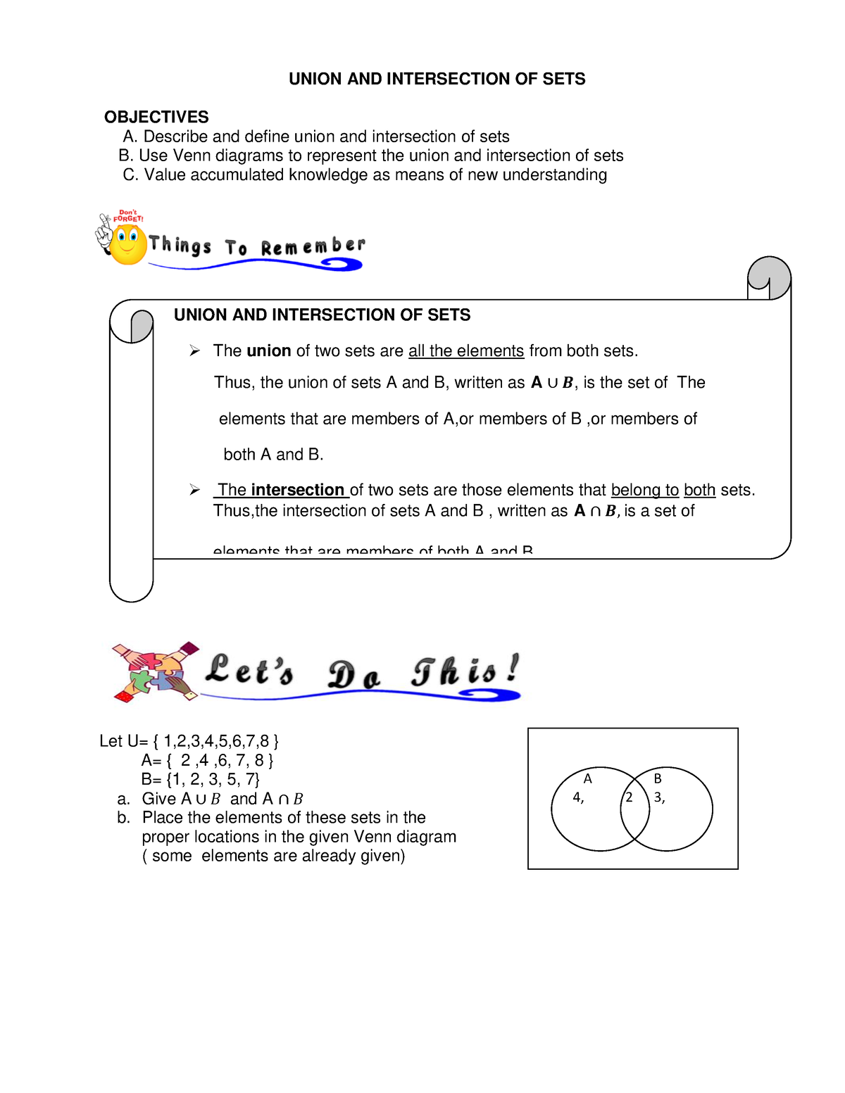Q1-LAA-2 - Worksheet in Grade 7 Math Quarter 1 - UNION AND ... - Worksheets Library