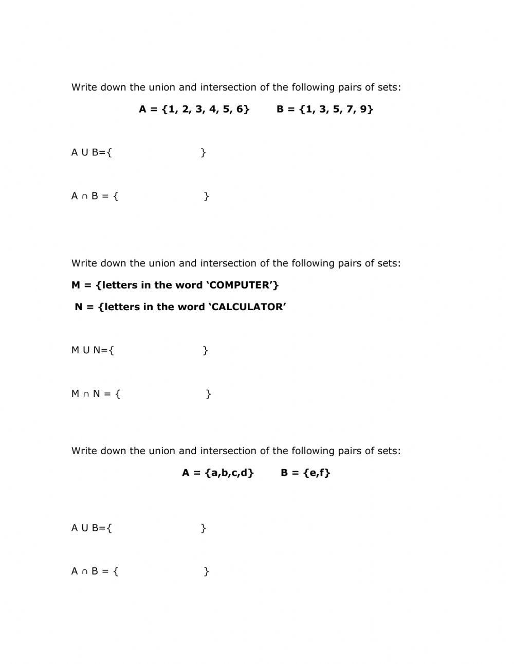 Worksheet on Union and Intersection using Venn Diagram ... - Worksheets Library