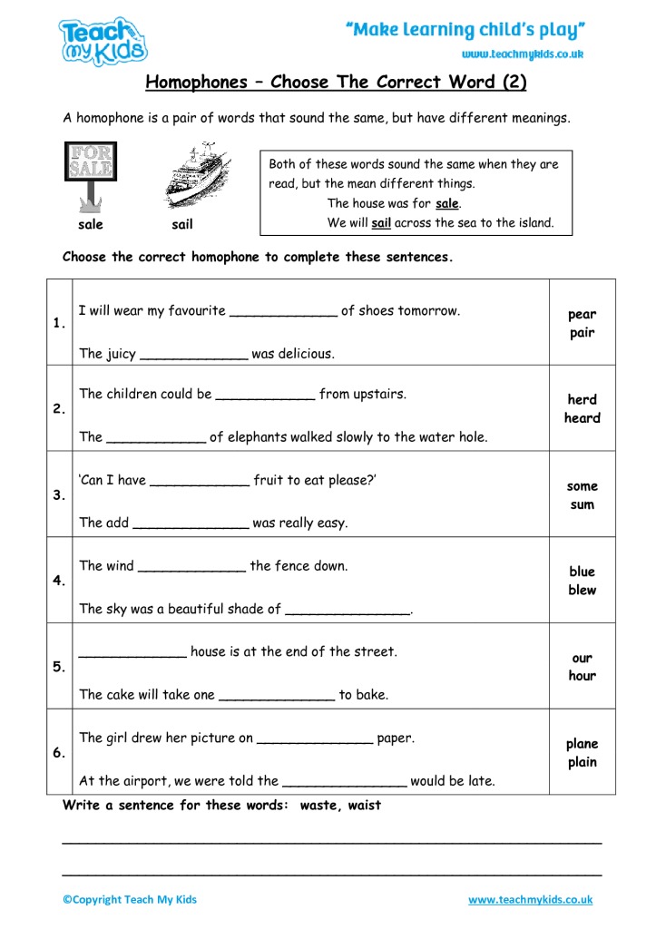 Homophones - Choose the Correct Word (1) - Worksheets Library