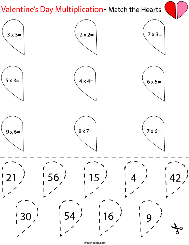 Valentines Day Multiplication- Match the Hearts Math Worksheet ...