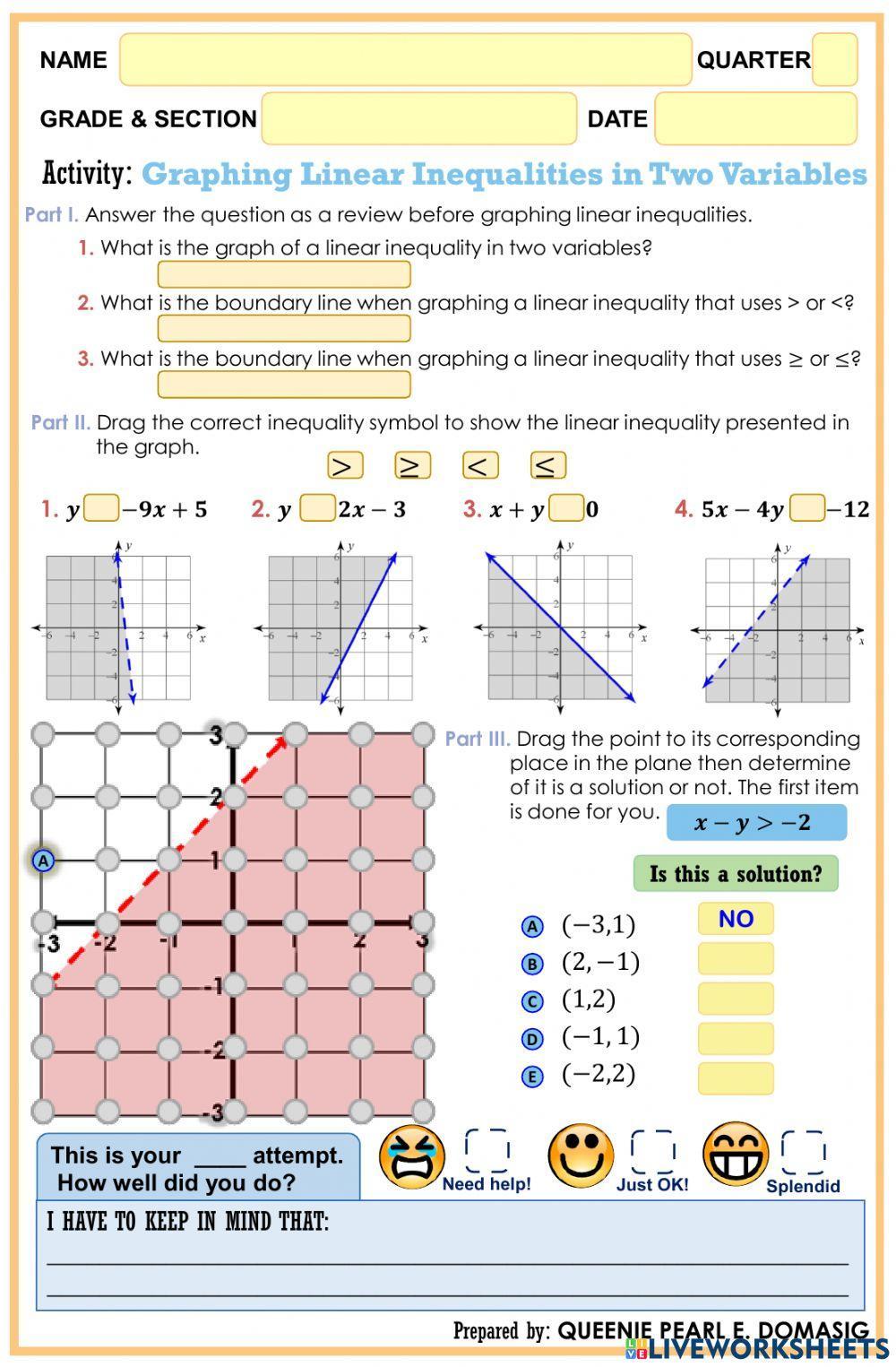 Graphing Linear Inequalities In Two Variables Worksheet Live