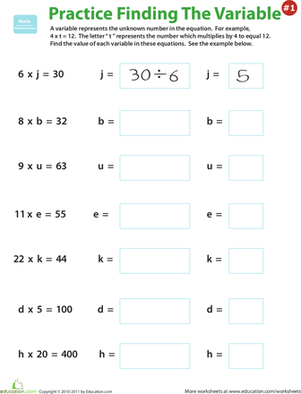 Practice Finding the Variable #1 | Worksheet | Education.com ...