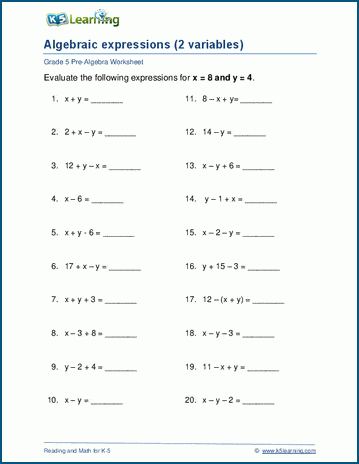 Variables and expressions worksheets | K5 Learning - Worksheets Library