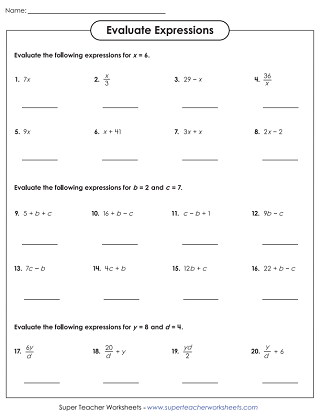 Evaluating Algebraic Expressions (Worksheets) - Worksheets Library