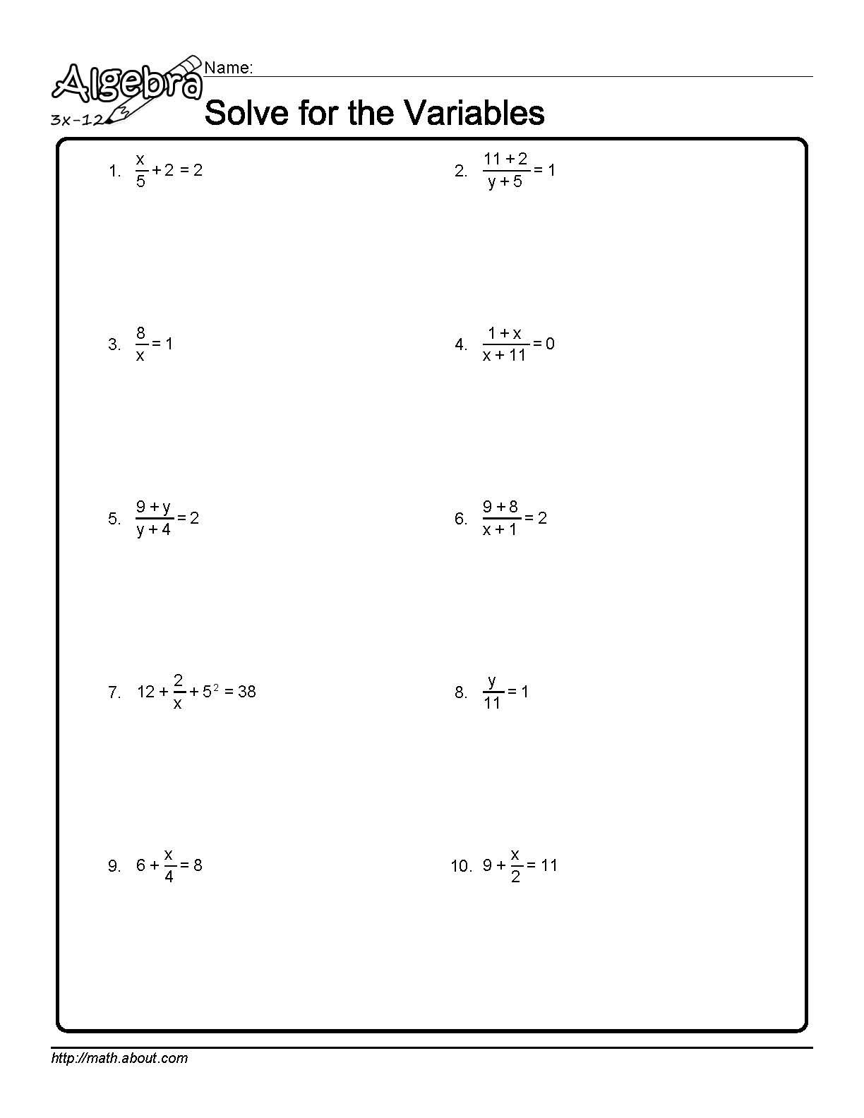 Solve for the Variables Worksheet 1 of 10 - Worksheets Library