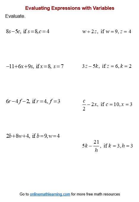 Free variables and expressions worksheet 5th grade, Download Free ...