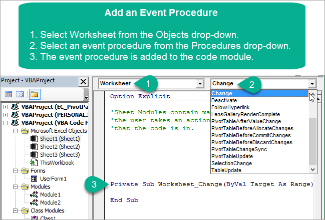 VBA Code Modules & Event Procedures for Sheet & ThisWorkbook - Worksheets Library