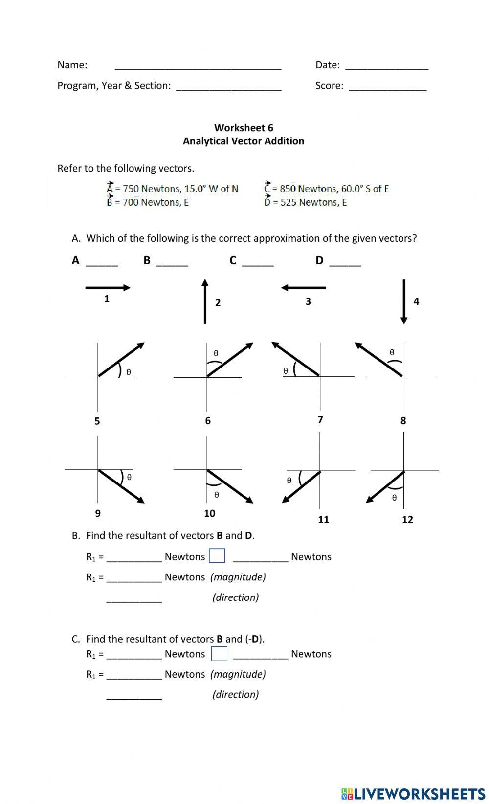 Adding Vectors Worksheet