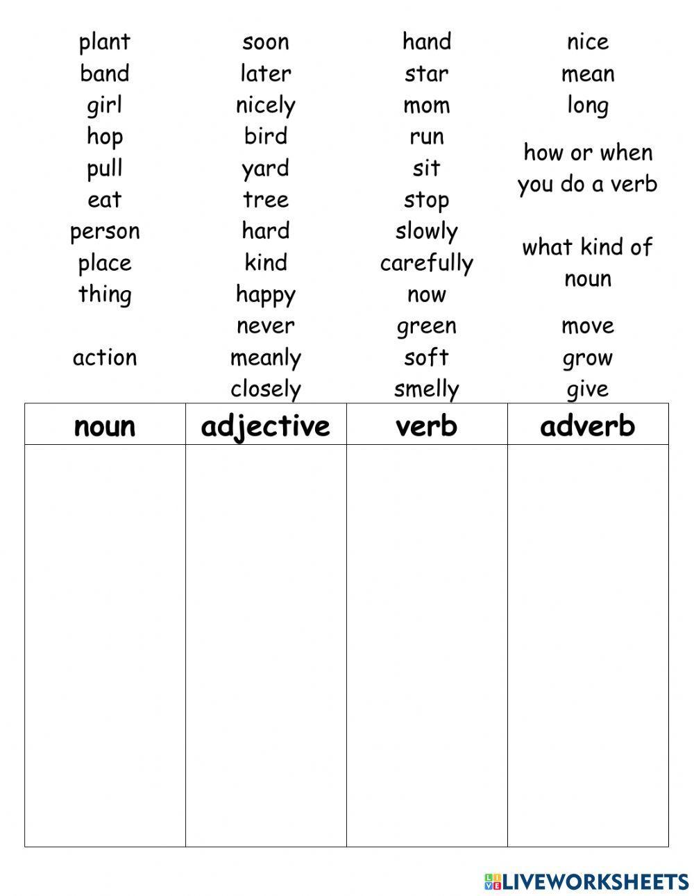 Match Nouns, Verbs, Adverbs, and Adjectives worksheet | Live ... - Worksheets Library