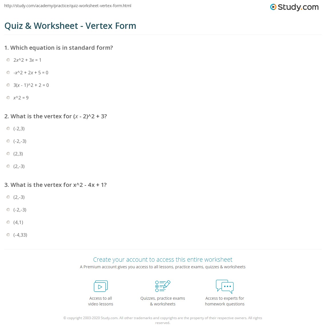 Quiz And Worksheet Vertex Form Worksheets Library