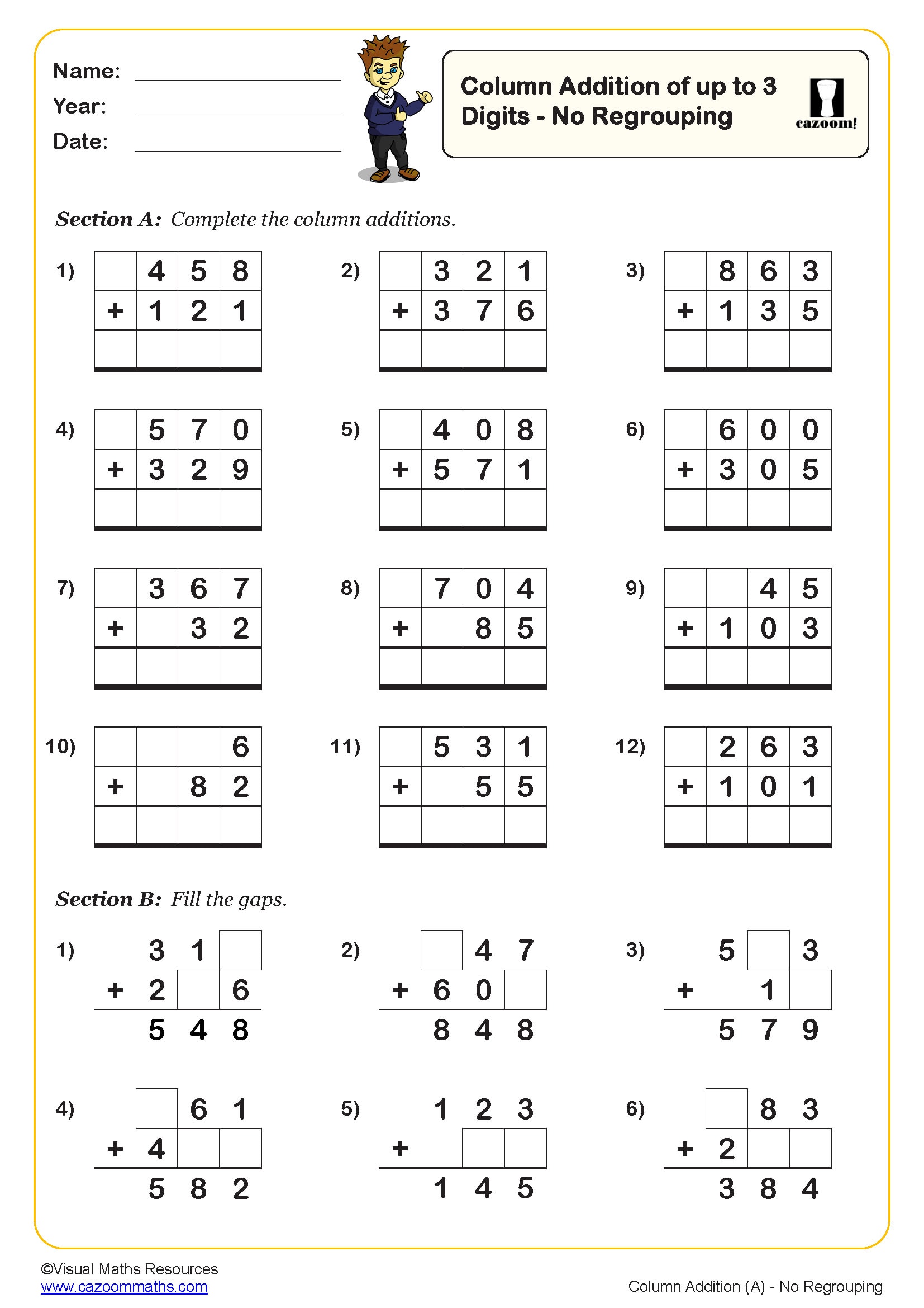 Column Addition of up to 3 Digits - No Regrouping | PDF printable ... - Worksheets Library